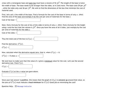 Solved A Box With A Rectangular Base And Open Top Must Have Chegg
