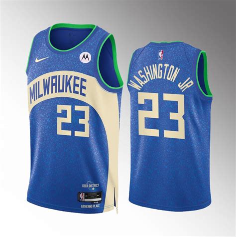 Mens Milwaukee Bucks 23 Tyty Washington Jr Blue 2023 24 City Edition