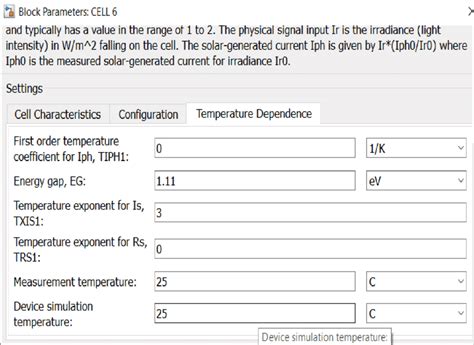 Solar Cell Temperature Dependence Dialogue Box And Parameters