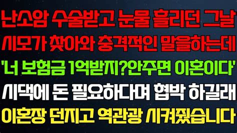 반전 신청사연 퇴원한날 시모가 찾아와 기함할 말을하는데 보험금 안주면 이혼이라길래 통쾌한 역관광 해줬습니다 라디오드라마 사연 실화 사연의 품격 썰 Youtube