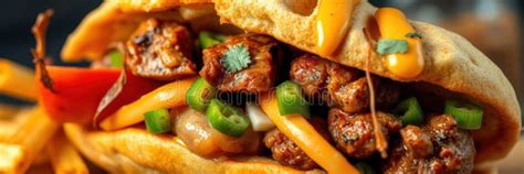 Gourmet Street Food Sandwich With Grilled Meat And Vibrant Toppings