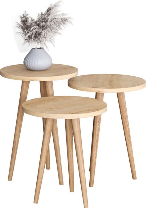 Vcm 3 Tlg Set Holz Rund Beistelltisch Mamor Optik Couchtisch Sofatisch