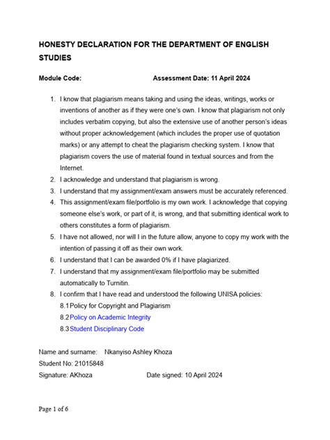 Declaration Form 1 Pdf Plagiarism Disability