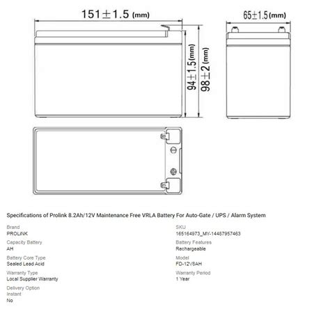 prolink 12v maintenance free vrla ups battery 8 2ah