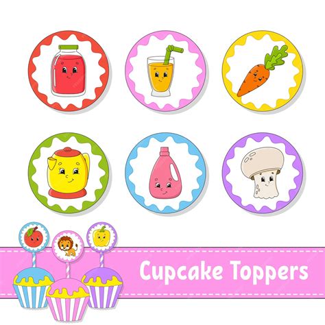 컵케익 토퍼 6개의 둥근 그림 만화 캐릭터 세트 생일 베이비 샤워를 위한 귀여운 이미지 흰색 배경 벡터 일러스트 레이 션에 고립