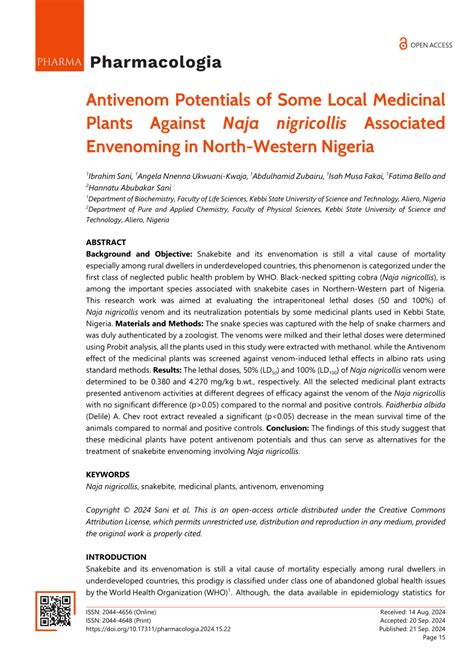 Pdf Antivenom Potentials Of Some Local Medicinal Plants Against Naja