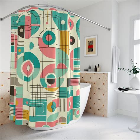 Mid Century Modern Shower Curtain Geometric Pink Mint Abstract