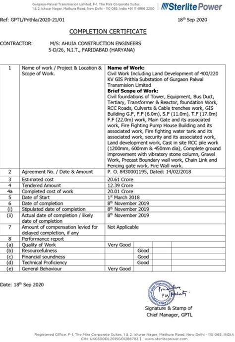 Project Completion Certificate Ahuja Construction Engineers