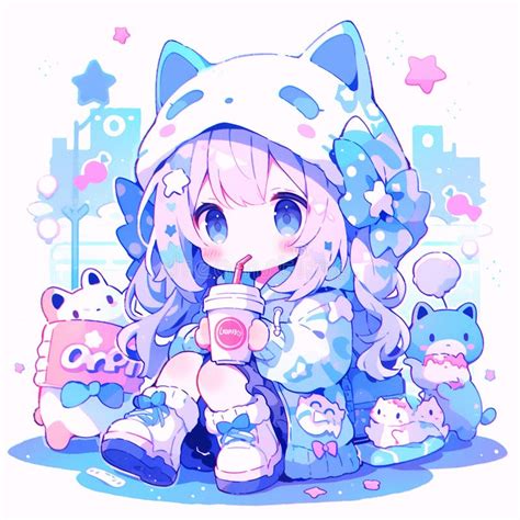 Kawaii Anime Girl With Cat Hoodie And Cute Companions Stock