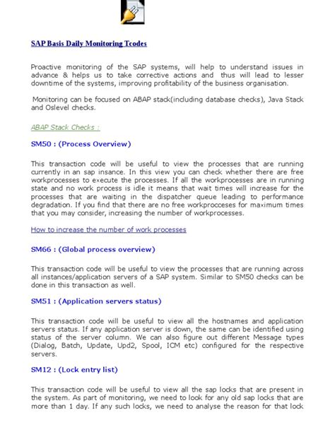 sap basis daily monitoring tcodes abap stack checks pdf backup database transaction