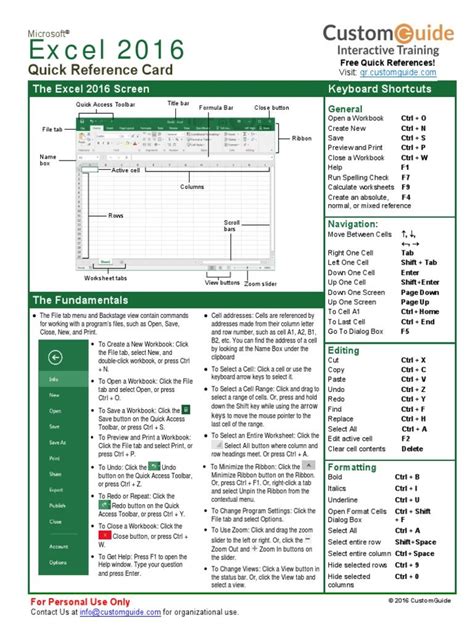 Microsoft Excel 2016 Quick Reference Card 2016 Customguide Tab Gui