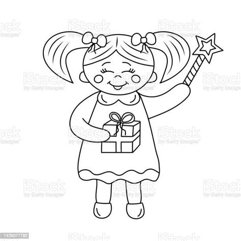 낙서 스타일의 선물 상자와 마술 지팡이를 가진 귀여운 작은 카와이 소녀 손으로 그린 선 아트 벡터 일러스트 레이 션은 색칠 공부 책 검은색에 대한 스톡 벡터 아트 및 기타