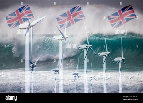 Offshore Wind Turbine And Breaking Wavewind And Wave Power Clean Renewable Energy Concept
