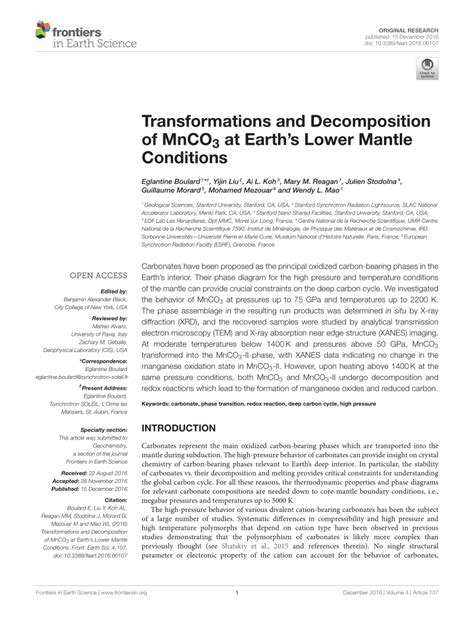 Pdf Transformations And Decomposition Of Mnco3 At Earths Lower Mantle Conditions