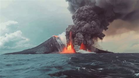 Volcanic Eruption With Lava And Ash Cloud In Dramatic Landscape Stock