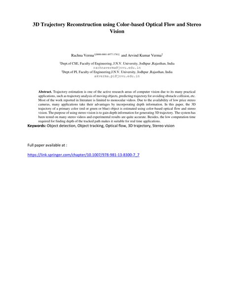 Pdf 3d Trajectory Reconstruction Using Color Based Optical Flow And Stereo Vision