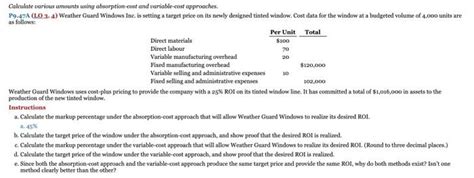 Solved Calculate Various Amounts Using Absorption Cost And Chegg