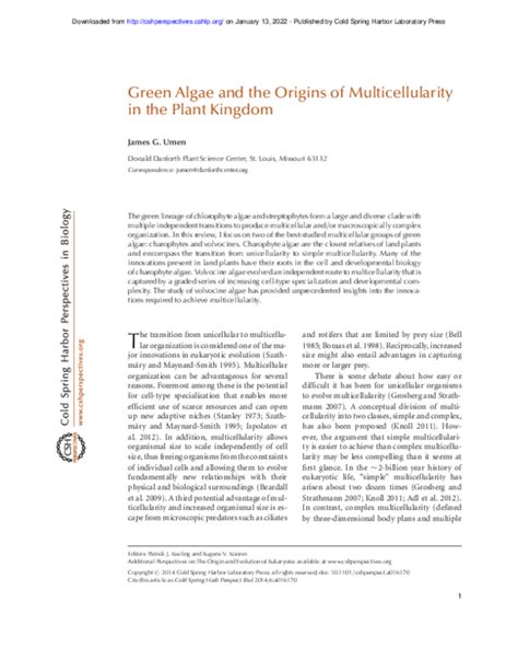 Pdf Green Algae And The Origins Of Multicellularity In The Plant Kingdom