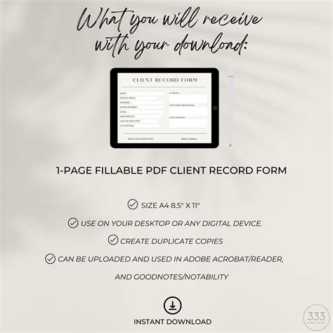 Fillable Client Record Form 1 Page Fillable Pdf Client Etsy Canada