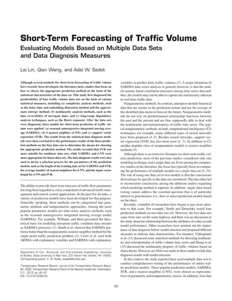 Pdf Short Term Forecasting Of Traffic Volume Evaluating Models Based