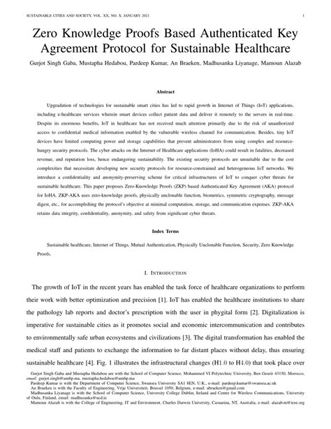 PDF Zero Knowledge Proofs Based Authenticated Key Agreement Protocol For Sustainable Healthcare