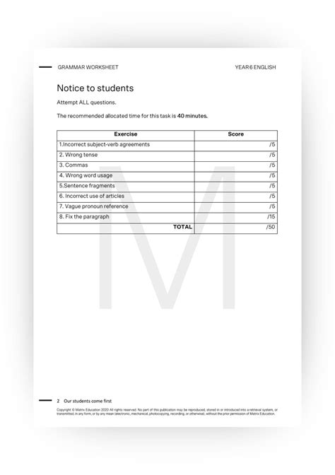 Free Year 6 Grammar Worksheet Downloadable