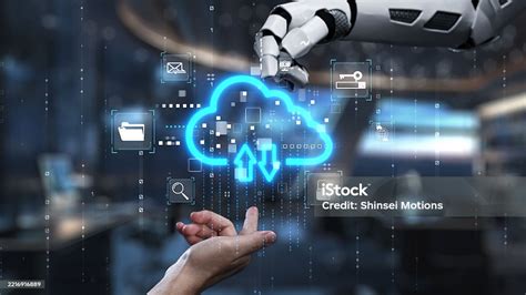 클라우드 스토리지 인터페이스와 상호 작용하는 로봇 손은 고급 디지털 환경에서 데이터 전송 및 현대 기술 개념을 나타냅니다 오바나 가상현실에 대한 스톡 사진 및 기타 이미지