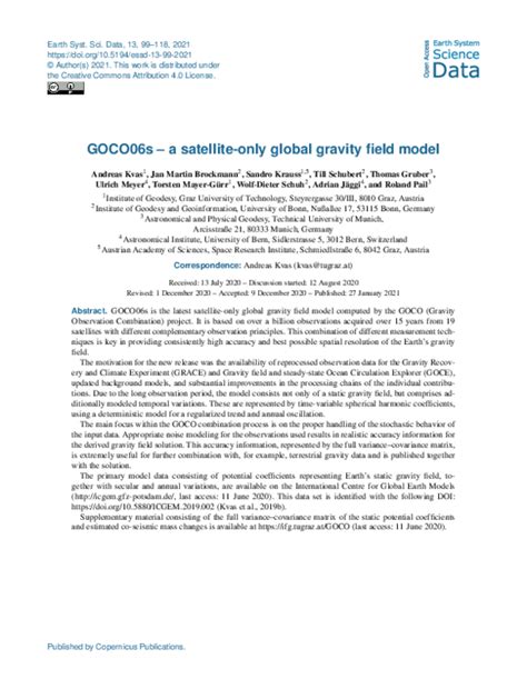 Pdf Goco06s A Satellite Only Global Gravity Field Model Wolf Schuh