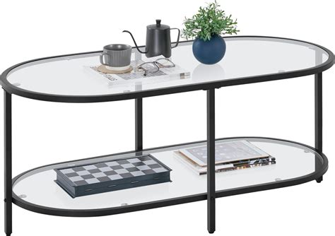 Yaheetech Glass Coffee Table Black Oval Coffee Table For Living Room