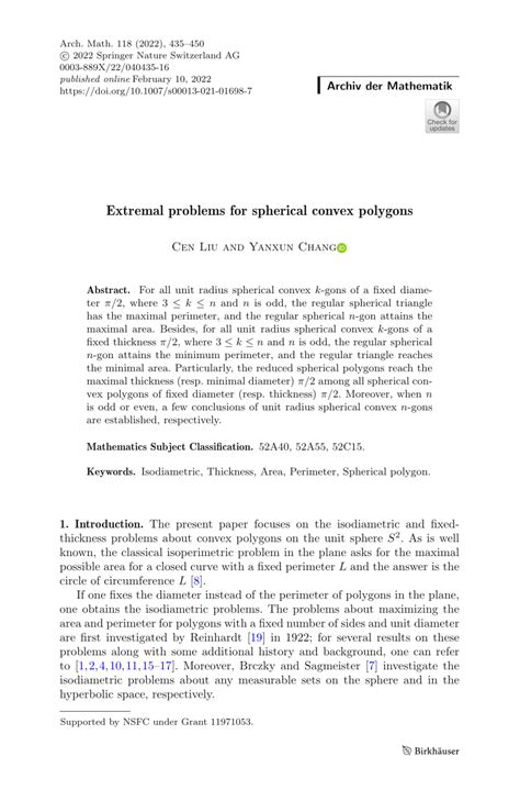 Pdf Extremal Problems For Spherical Convex Polygons