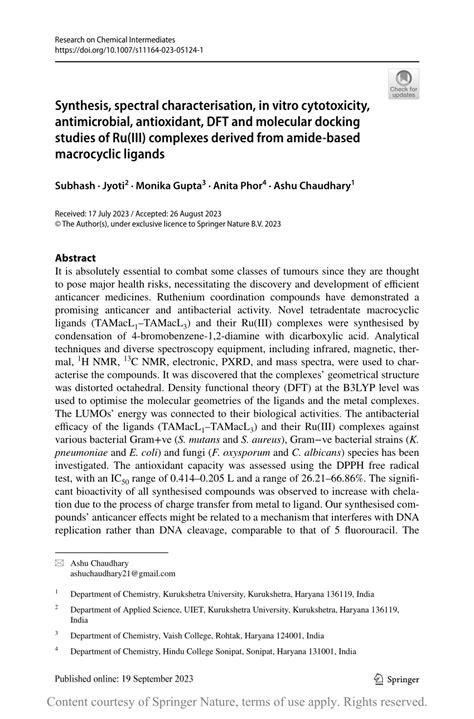 Synthesis Spectral Characterisation In Vitro Cytotoxicity