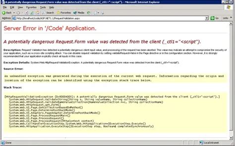 a potentially dangerous request form value was detected from the