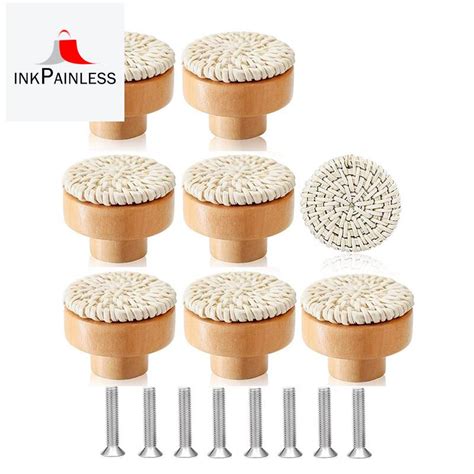 8pcs Boho Rattan Dresser Knobs Wood Drawer Knobs Handmade Woven Wicker