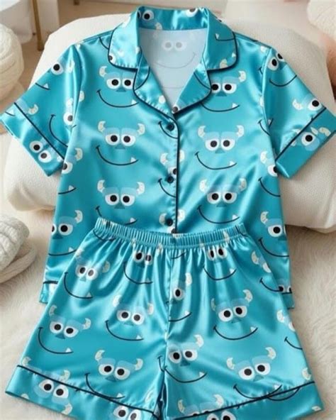 Blue Monster Pajama Set Cute Cartoon Sleepwear Funny Monster Face