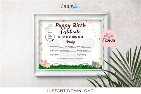 Puppy Birth Certificate Template Snapybiz