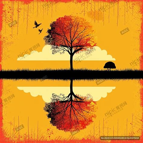 Ai创作图抽象树树形意境 春夏秋冬意境装饰画 秋天大树电视墙背景 创意树形图案展板 两片树子 双树成影 二树合一 意境树背景 树木抽象化 两树同体 两棵树木 季节树 树与倒影 秋天海报手绘
