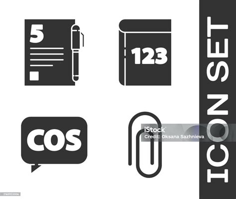 종이 클립 시험 또는 시험 시트 및 펜 수학 기능 코사인 및 단어 수학 아이콘이 있는 책을 설정합니다 벡터 건강 검진에 대한