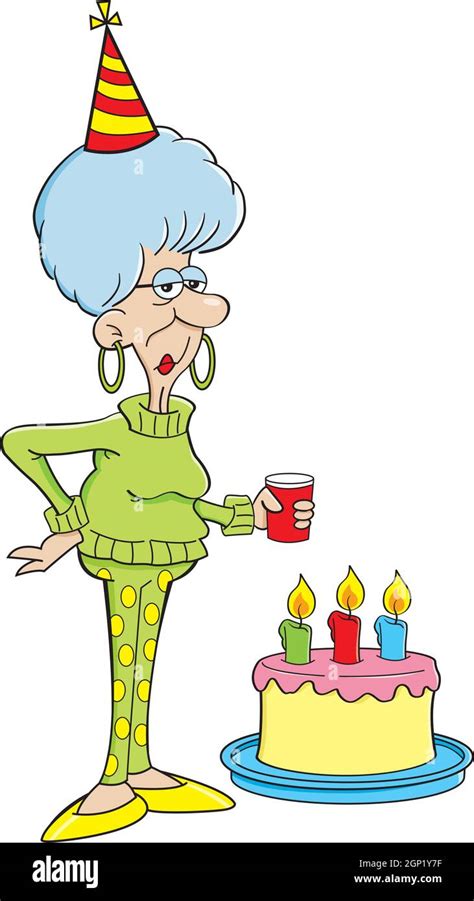 Cartoon Illustration Of An Elderly Women With A Birthday Cake Stock