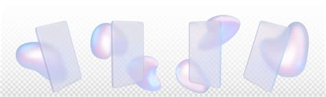 3d 홀로그래픽 유리 모피즘 추상 액체 거품 모양 미래주의적 인 크롬 다채로운 이리데센트 컬러 카드 표면과 표면의 흐릿한 효과를 가진 동적 형태를 투명한 배경에 고립합니다