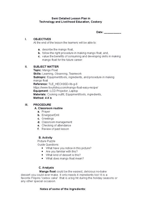 Semi Detailed Lesson Plan In Technlogy And Livelihood Education Semi
