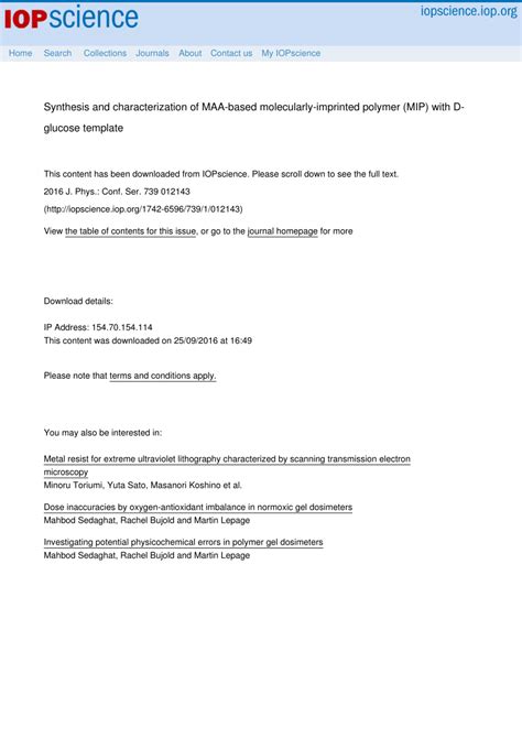 Pdf Synthesis And Characterization Of Maa Based Molecularly Imprinted Polymer Mip With D