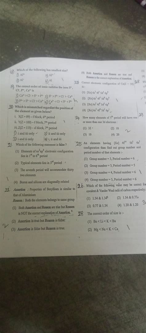 Questions On Atomic And Ionic Properties Which Of The Following Has The