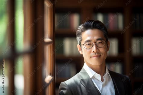 Portrait Of An Handsome Korean Man In His 40s Wearing Glasses With