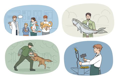 다양한 사람들의 직업 및 직업 집합 다양한 직업 및 작업에서 일하는 남자의 컬렉션 고용 및 경력 수의사 의사 어부 개 트레이너 대장장이 벡터 일러스트 레이 션 프리미엄 벡터