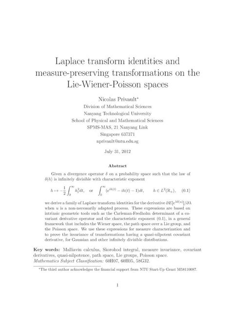 Pdf Laplace Transform Identities And Measure Preserving Transformations On The Lie Wiener