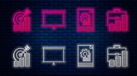Set Line Chalkboard Document With Graph Chart Target With Coin Symbol And Briefcase And Coin