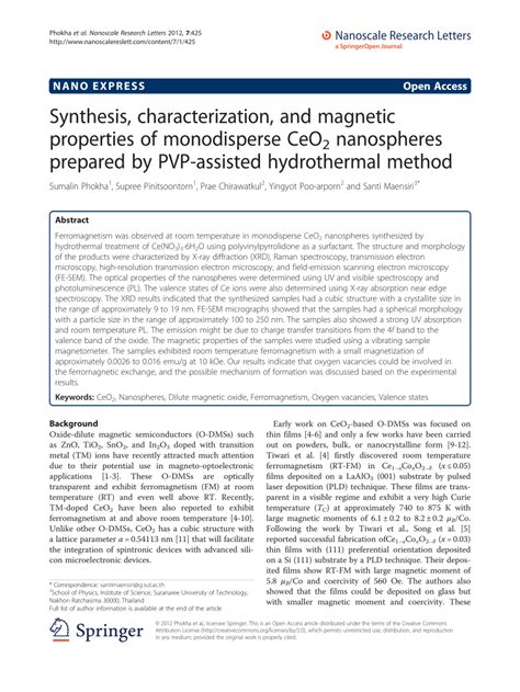 Pdf Synthesis Characterization And Magnetic Properties Of Monodisperse Ceo2 Nanospheres