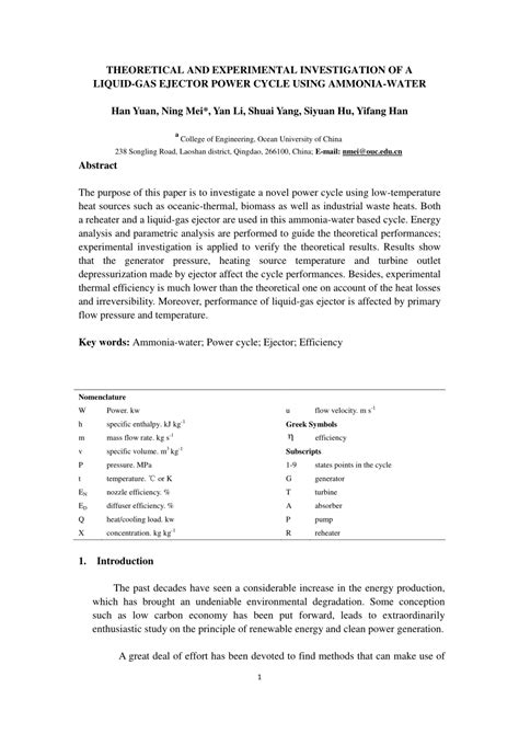 Pdf Theoretical And Experimental Investigation On A Liquid Gas Ejector Power Cycle Using
