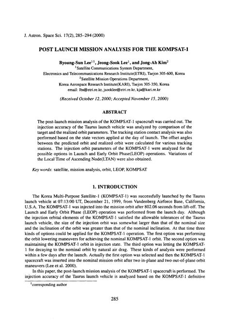 Pdf Post Launch Mission Analysis For The Kompsat 1