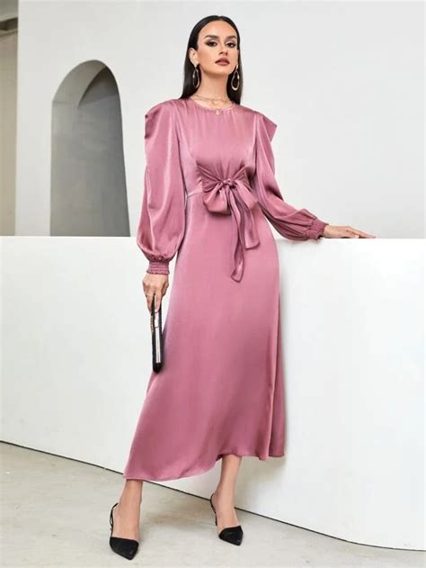 Shirred Cuff Lantern Sleeve Belted Satin Dress Silk Bridesmaid
